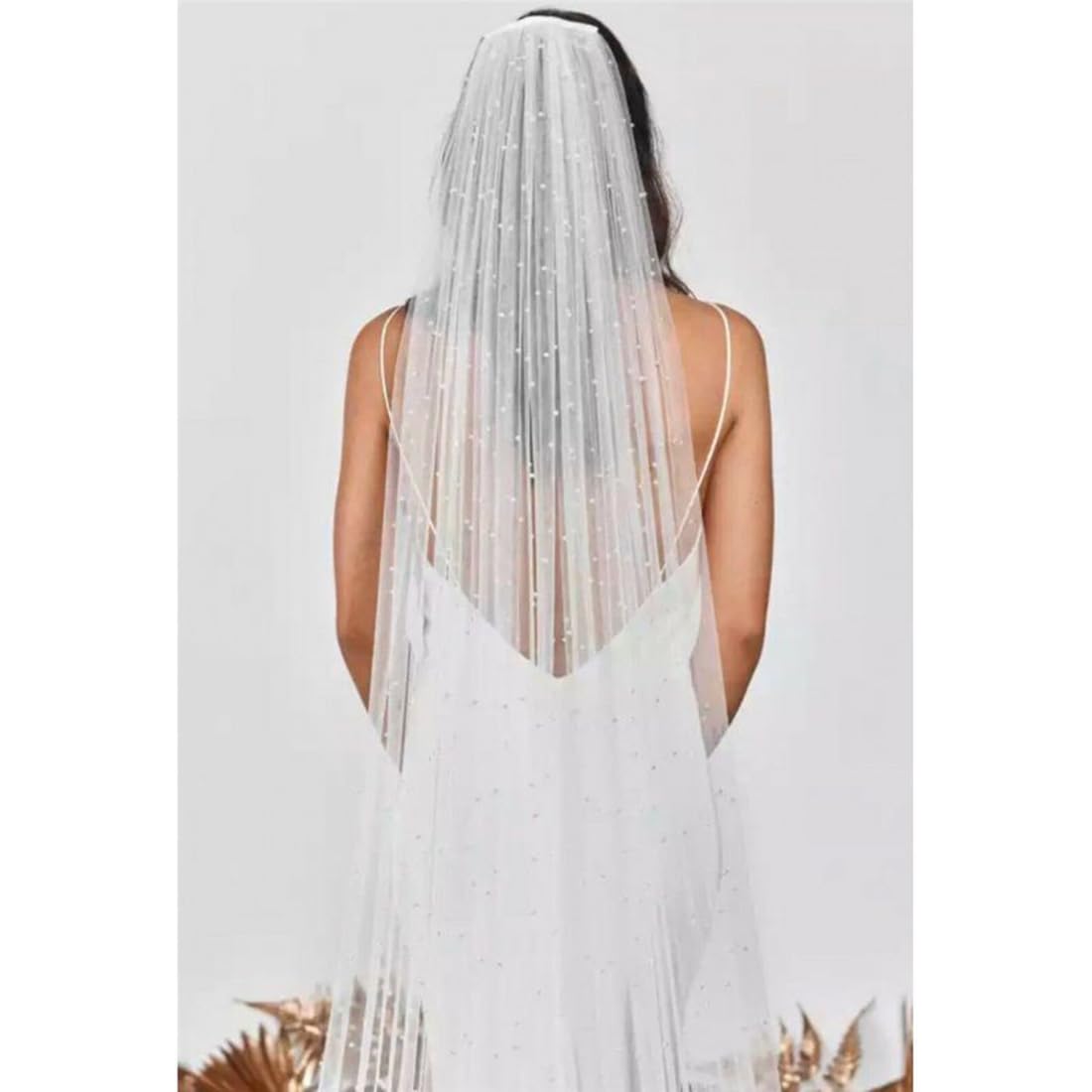 chrumeshi Long Wedding Bride Veil Pearl Cathedral Length Veils For Women With Comb (118(inch), white)