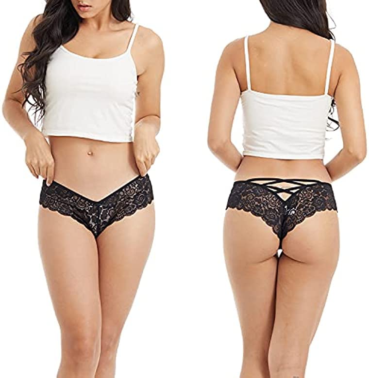 Muulyca Women’s Sexy Lace V-back Thongs Criss Cross Panties 4 Pack,RWNB,L