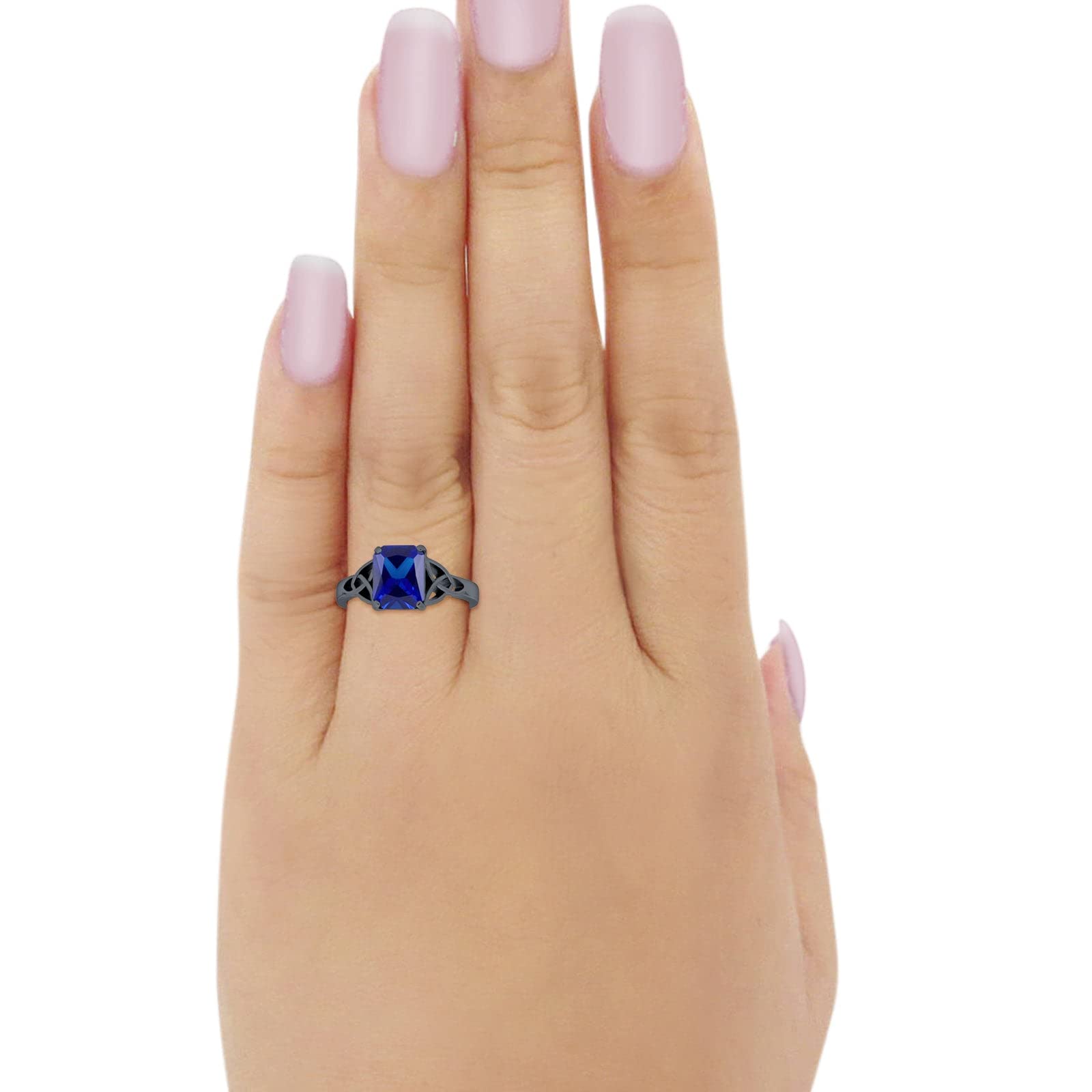 Celtic Engagement Bridal Ring Emerald Cut Round Black Tone, Simulated Blue Sapphire Cubic Zirconia 925 Sterling Silver Size-5
