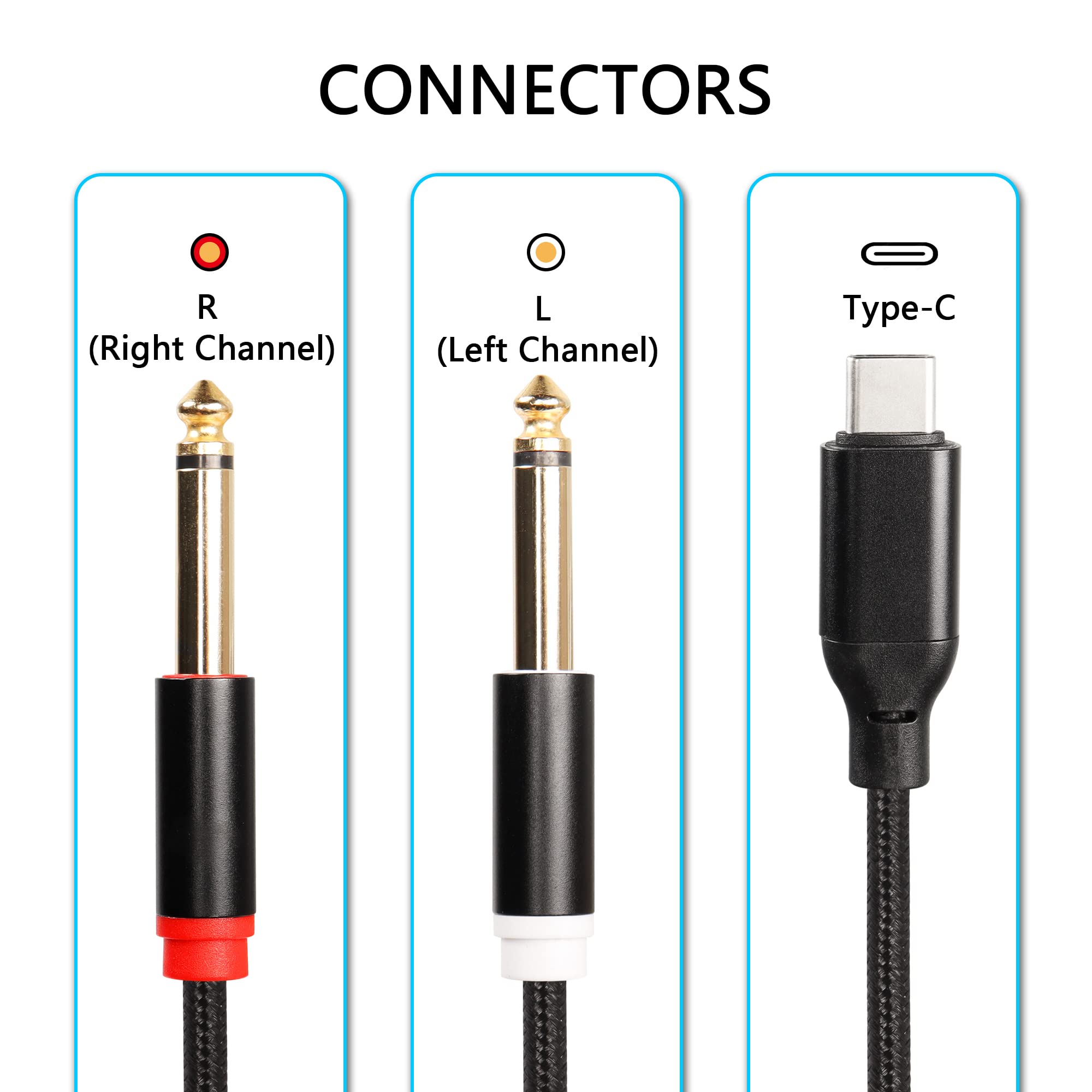 CERRXIAN 6.56ft USB C to Dual 6.35mm TRS Stereo Cable, USB C to 1/4 inch Audio Cable, USB Type C Male to 2X 6.35mm Mono Male AUX Y Splitter Cable for Tablet, Laptop,Phone,Amplifier(6.35-C)
