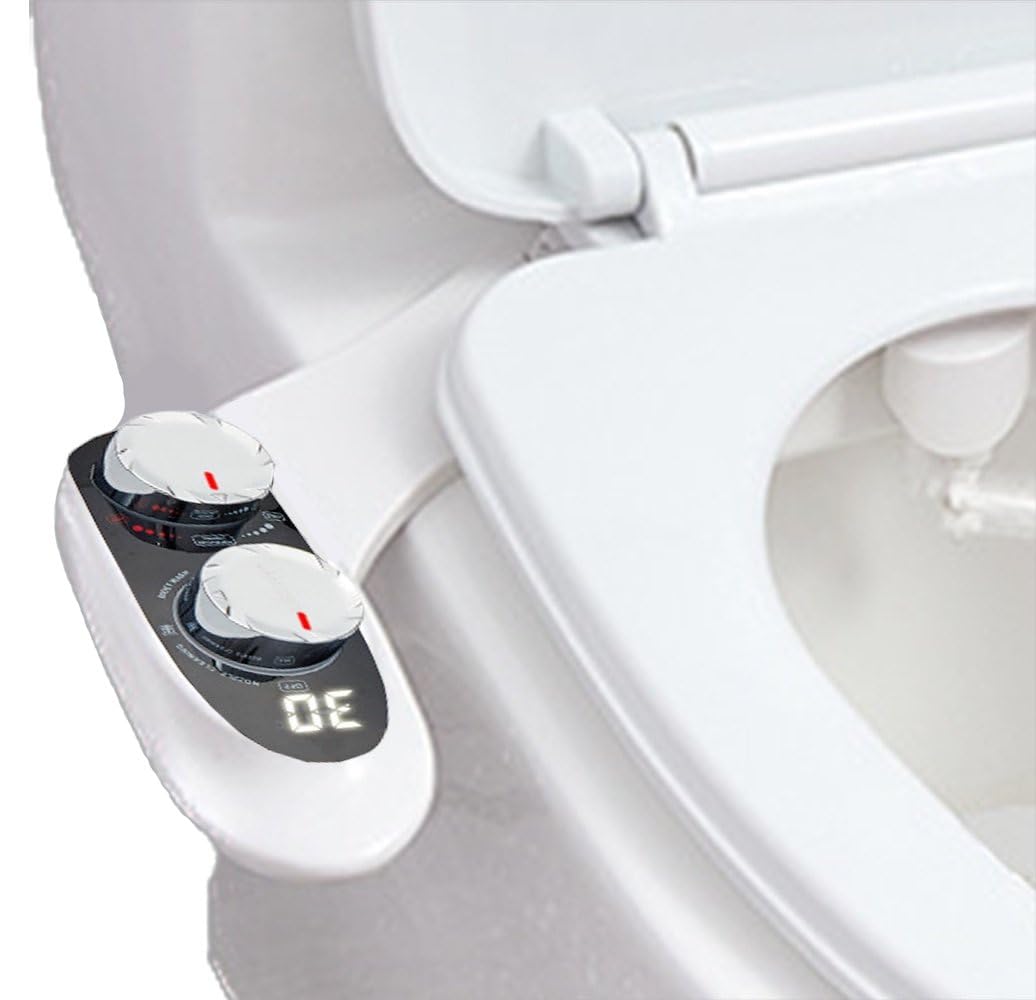 Generic Toilet Bidet Attachment, Toilet Seat Warm Water Bidet Attachment, Adjustable Temperature, Digital Display, 2x Retractable Self Cleaning Nozzles, Cold Warm Water Battery Operated, White