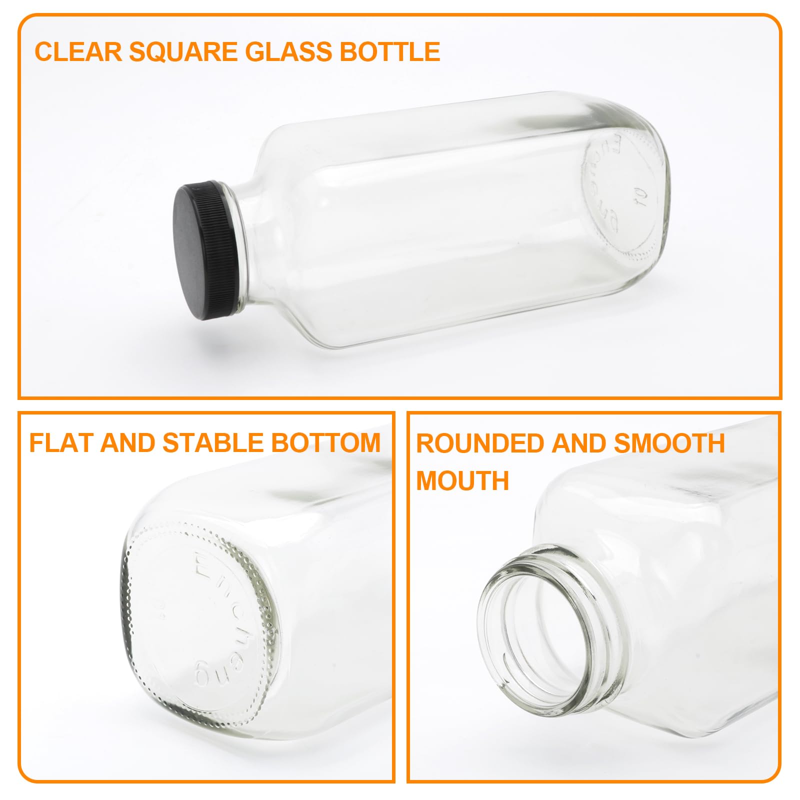 Encheng Glass Juice Bottles with Lids 16oz,Sqaure Juicing Bottles Reusable Glass Drinking Jars Set of 10,Empty 500ml Juice Containers Glass Bottles for Juice,Smoothies,Water,Kombucha