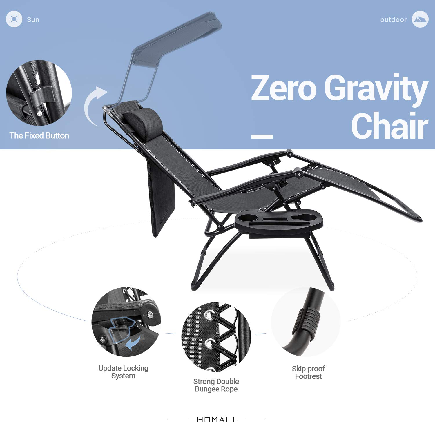 Homall Zero Gravity Chair Patio Lawn Chair Lounge Chair Folding Recliner Adjustable Outdoor with Canopy Shade,Cup Holder (Black)