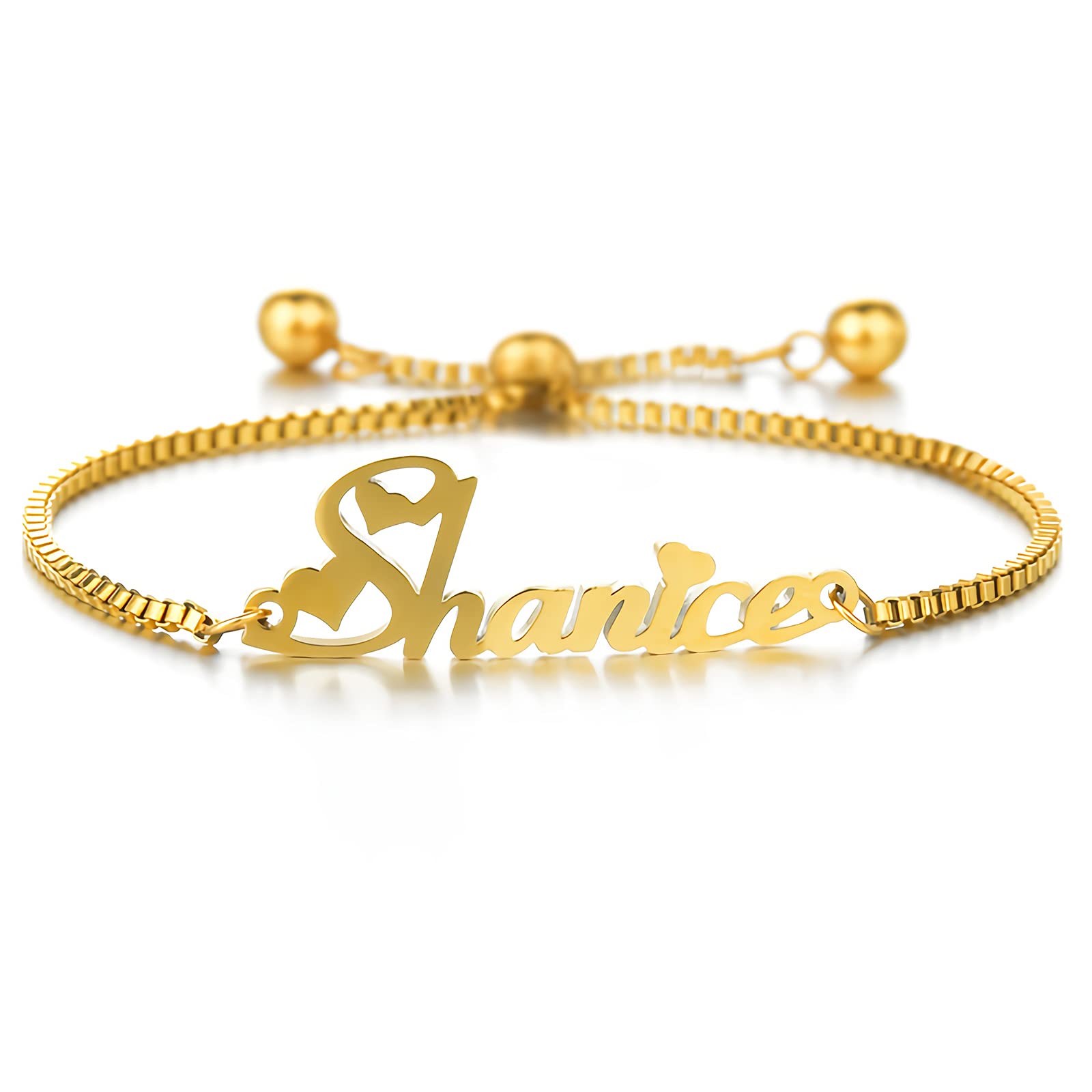MRENITE 10k 14k 18k Solid Yellow Gold Personalized Name Bracelet – Dainty Name Plate Bracelet - Custom Any Name Gift for Women Adults Wife (Yellow Gold)