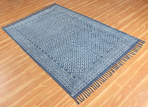 Indigo Blue Rug for Bathroom Handmade Cotton Durries Boho Kilim Rug Flat Weave Indoor Floor Decorative Rugs for Balcony Lounge Floor Bedroom Balcony