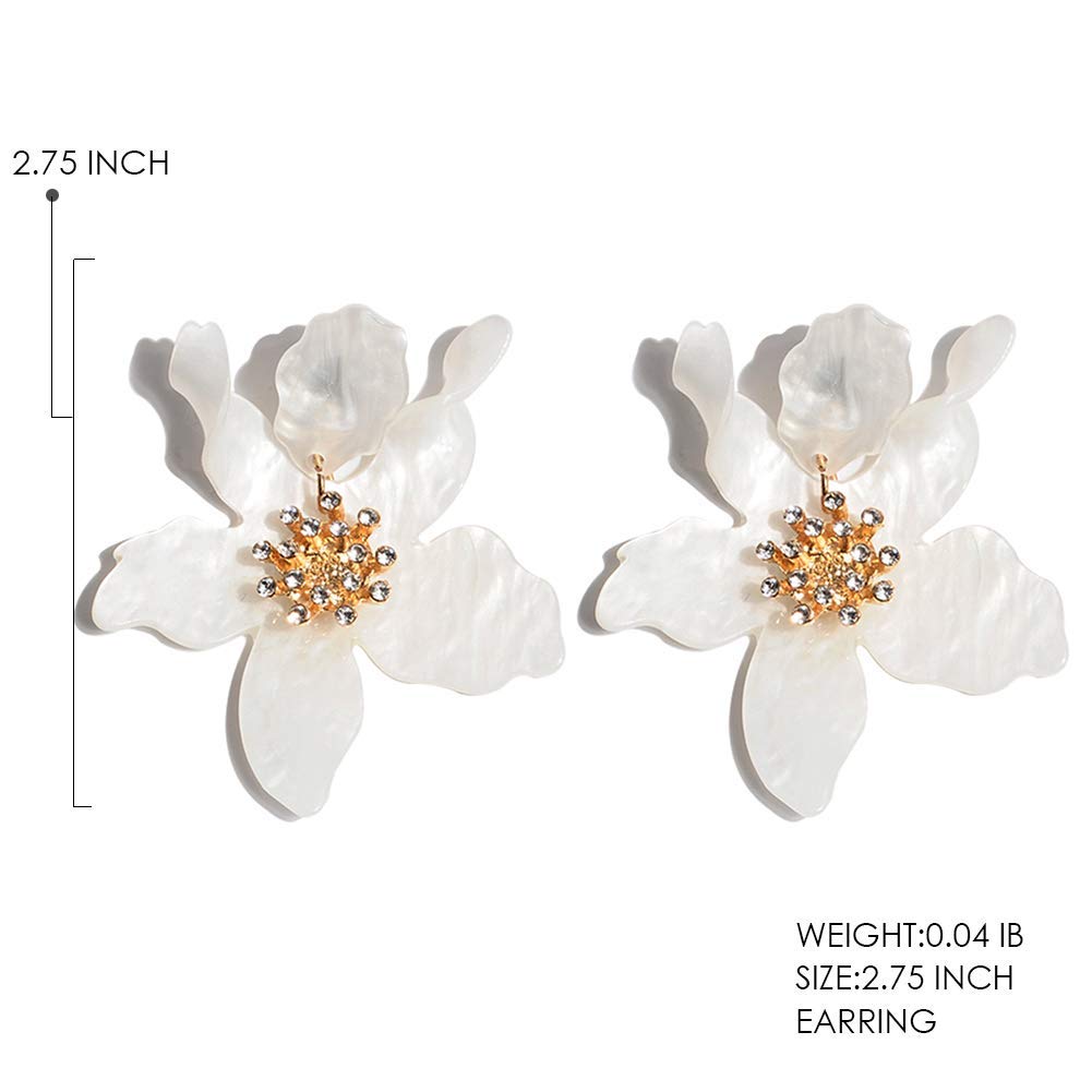 Boho Stud Earrings for Women - Chic Flower Statement Earrings with Gold Flower Bud, Great for Sister, Mom, Lover and Friends (White Flower)
