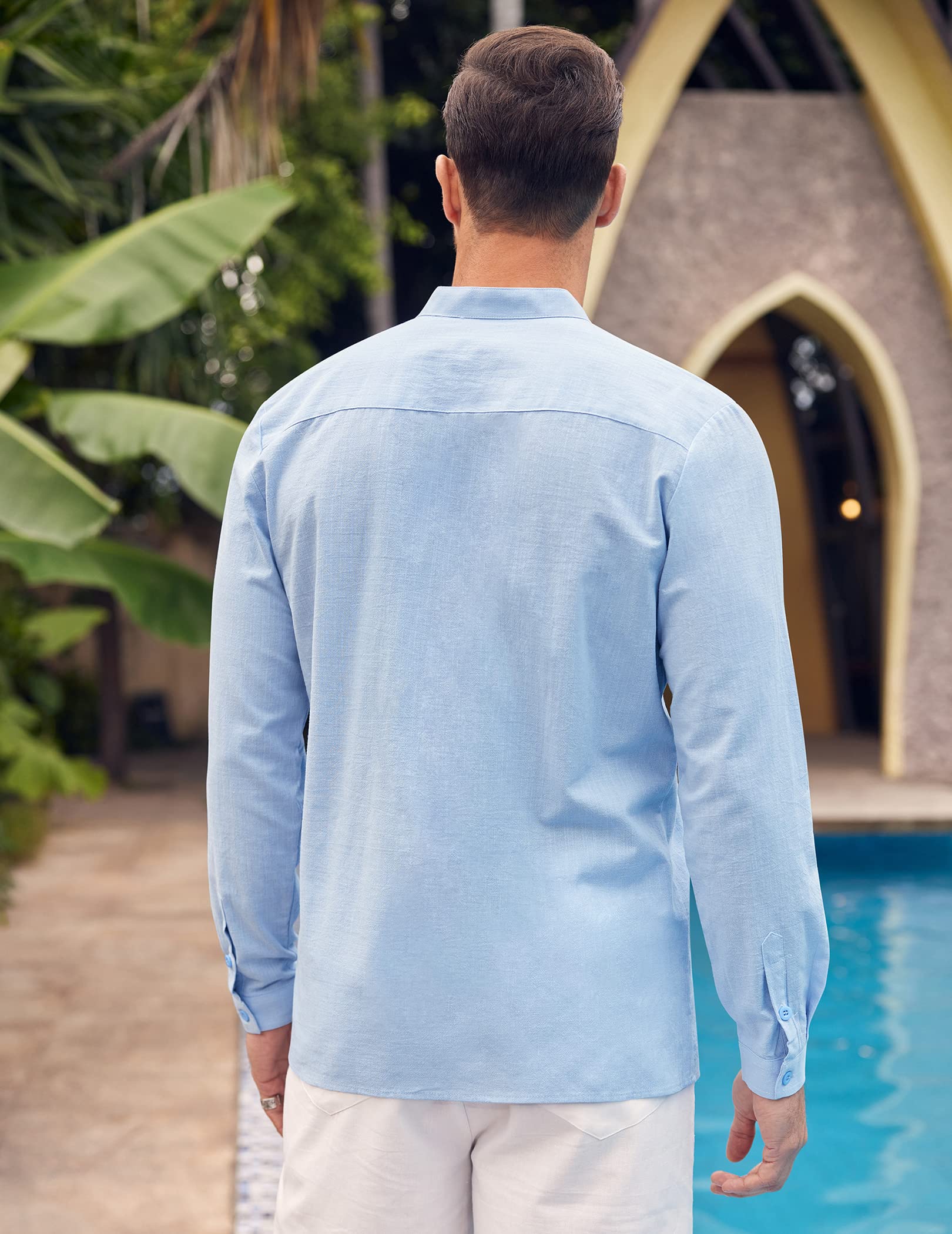 COOFANDY Men's Cotton Linen Shirt Long Sleeve Button Down Shirts Band Collar Beach Yoga Shirts Sky Blue