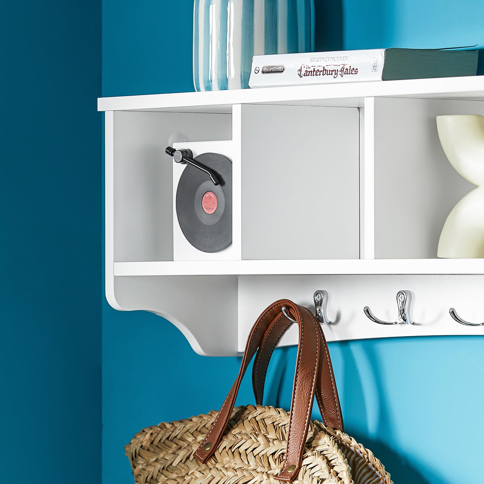 Haotian White Wall Shelf with Coat Hooks, Wall Coat Rack Entryway, Display Storage Unit with 4 Components 5 Bathroom Kitchen Cupboard, FRG48-L-W