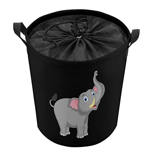 Cute Elephant Cartoon Laundry Basket Round Collapsible Storage Bin with Drawstring and Handle for Bedroom Bathroom Toys Room 17.3" X 13.8"