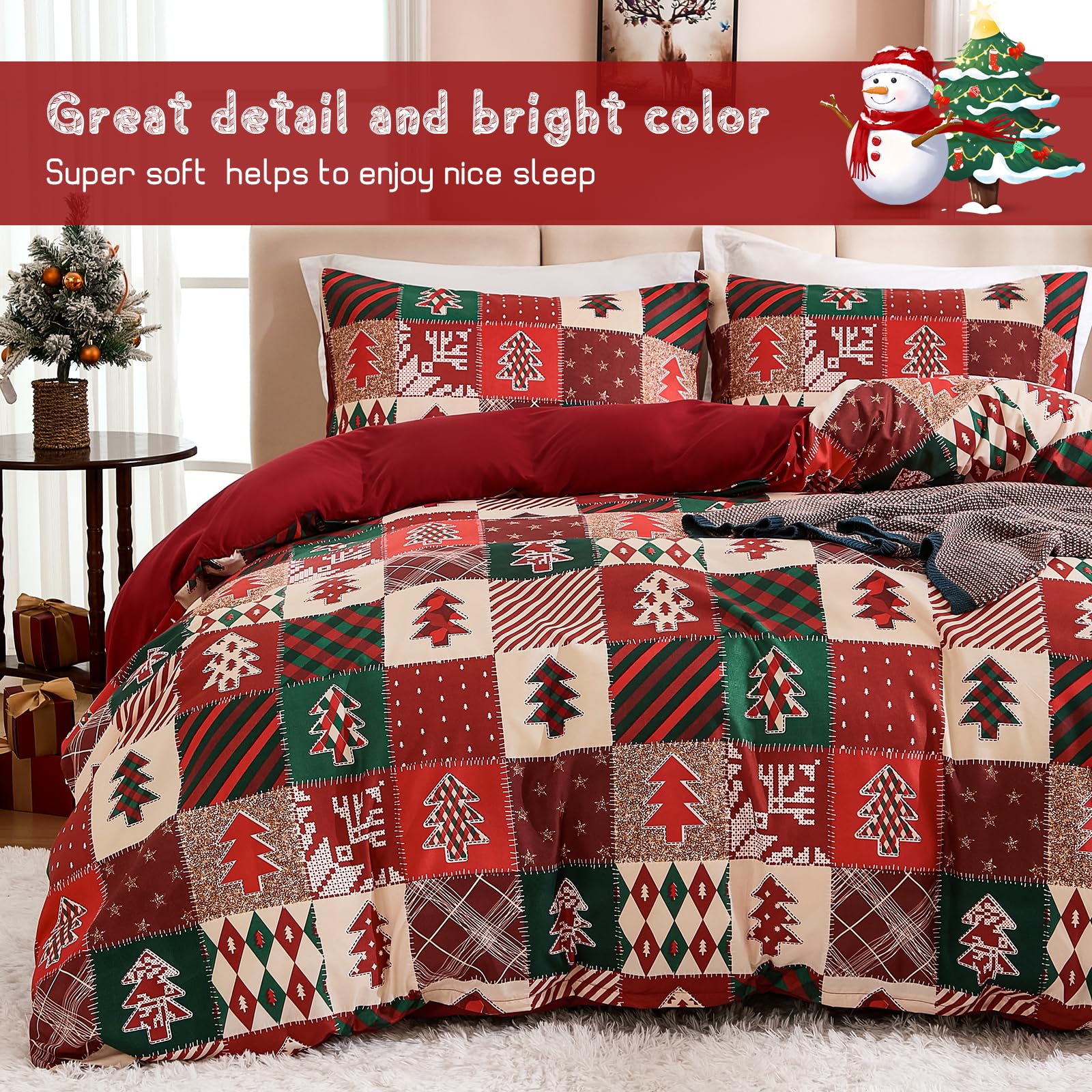 Dintszyayue Christmas Duvet Cover Set Queen Size,3 Pieces Patchwork Plaid Bedding Set Red and Green Christmas Tree Printed Duvet Soft Microfiber Duvet Comforter Covers with Zipper Closure