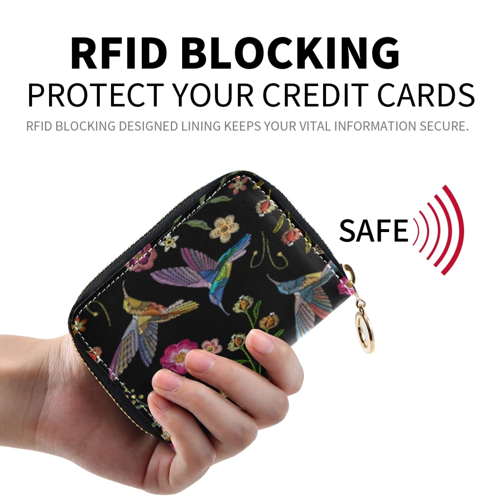 MOYYO RFID Credit Card Holder Case Beautiful Hummingbirds Exotic Flowers Leather Printed Zipper Card Case Wallet for Women Girls
