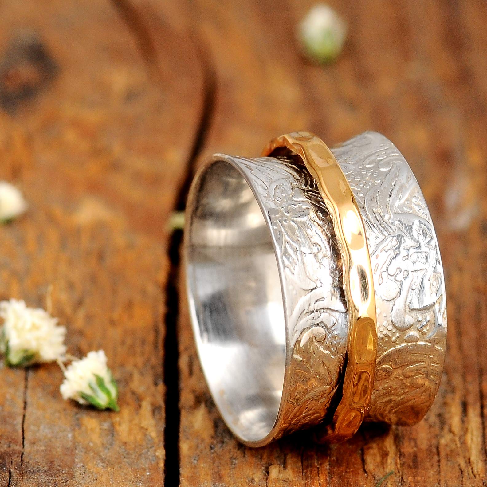 Boho-Magic 925 Sterling Silver Spinner Ring for Women with Brass Fidget Ring Flowers Band (10)
