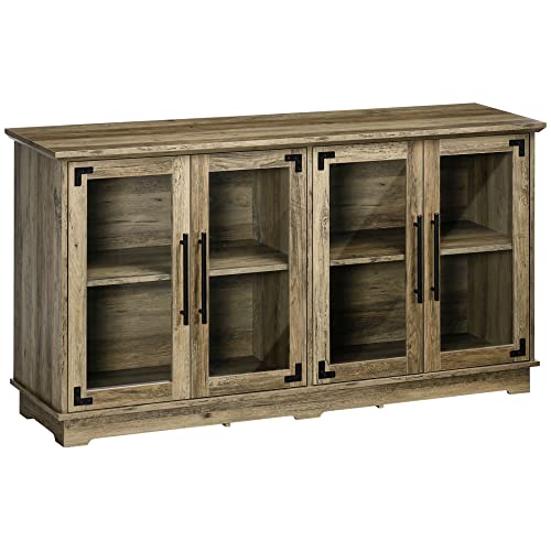 HOMCOM Farmhouse Sideboard, Buffet Cabinet, Coffee Bar Cabinet with 4 Glass Doors, Credenza, Distressed Grey