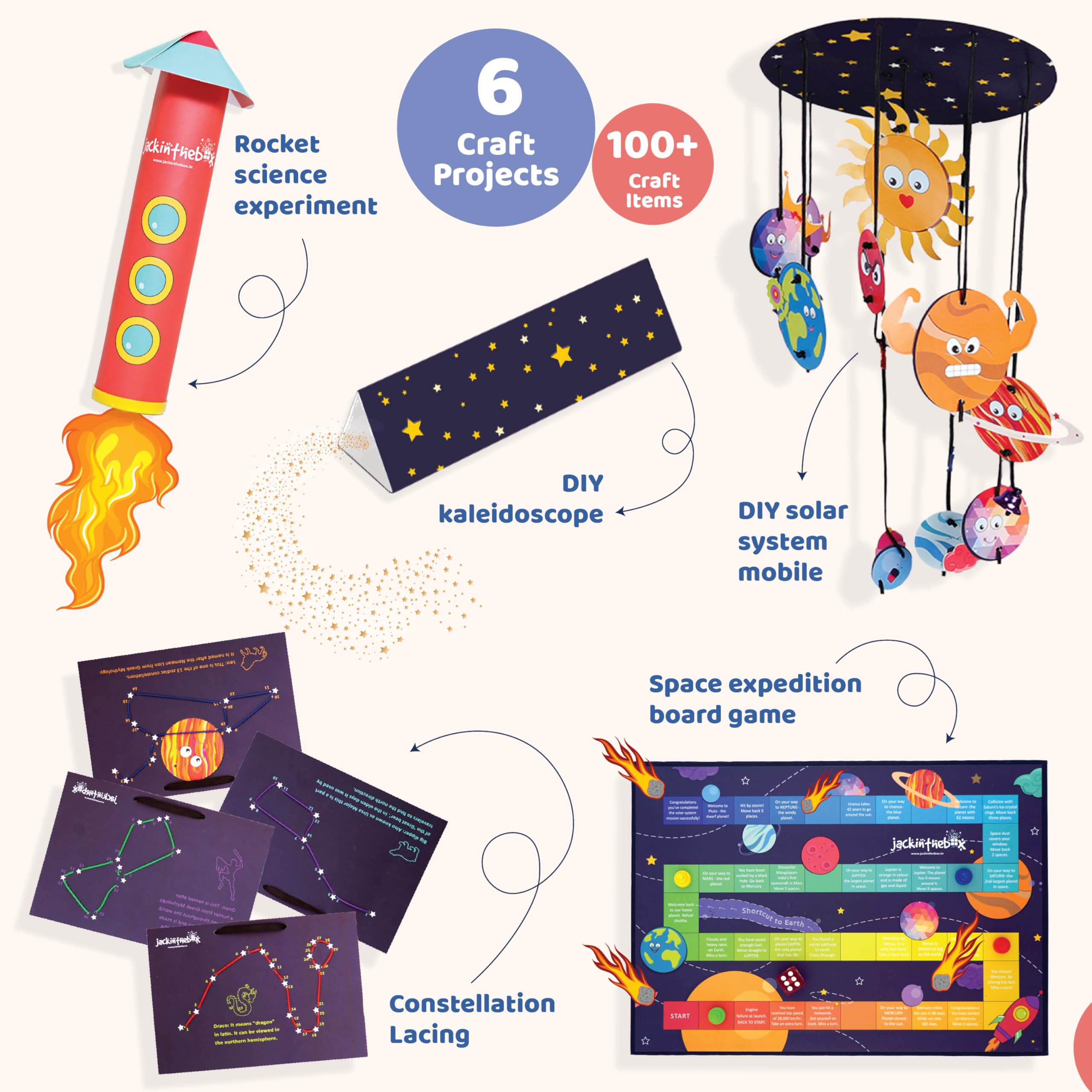 jackinthebox Space Science 6-in-1 Craft Kit Gift for Kids Ages 6-10, Solar System Science Kit for Kids, Space Toys for Kids, Easy DIY STEM Toy for Boys and Girls Ages 6 7 8 9 10