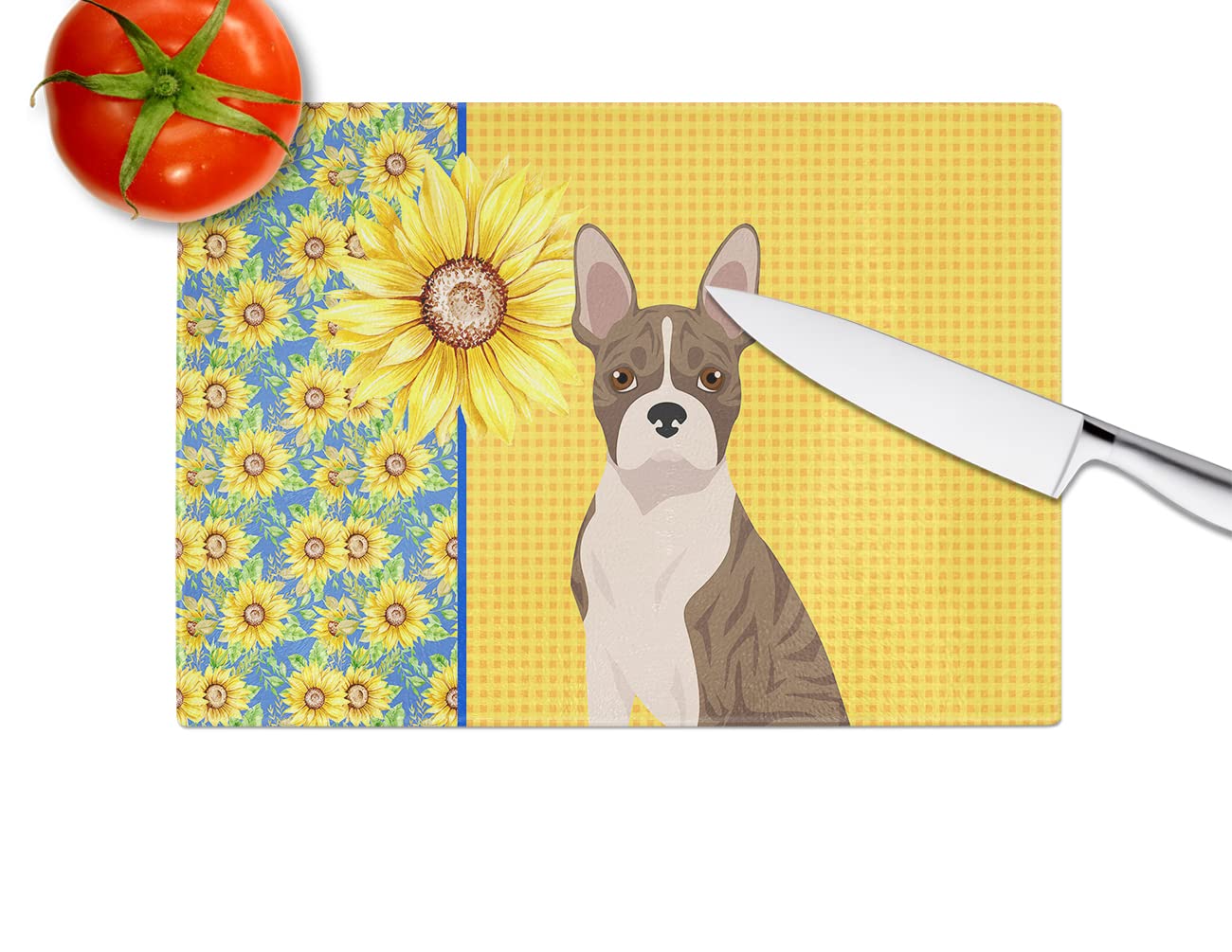 Caroline's Treasures WDK5337LCB Summer Sunflowers Brindle Boston Terrier Glass Cutting Board Large Decorative Tempered Glass Kitchen Cutting and Serving Board Large Size Chopping Board