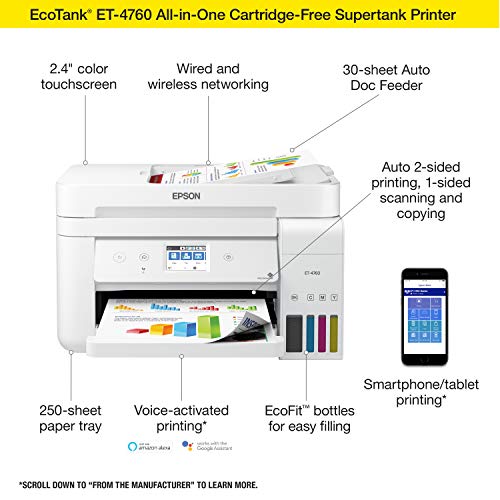 Epson EcoTank ET-4760 Wireless Color All-in-One Cartridge-Free Supertank Printer with Scanner, Copier, Fax, ADF and Ethernet - White