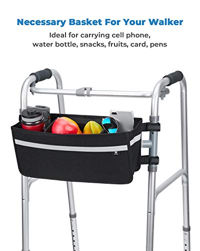 ISSYAUTO Walker Basket, Strap Mount Walker Cup Drink Holder with Two Split Board, Foldable Walker Storage Bag, Best Gift for Family and Friends - Black (Not Fit Rollator Walkers)