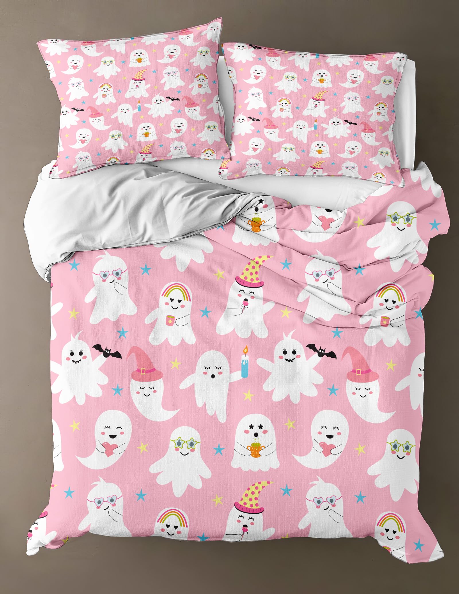 Halloween Bedding Set Queen Funny Pupmkin Duvet Cover Set Halloween Theme Pattern Design Trick or Treat Comforter Cover Grey Halloween Bedding Sets (Queen, Gray)