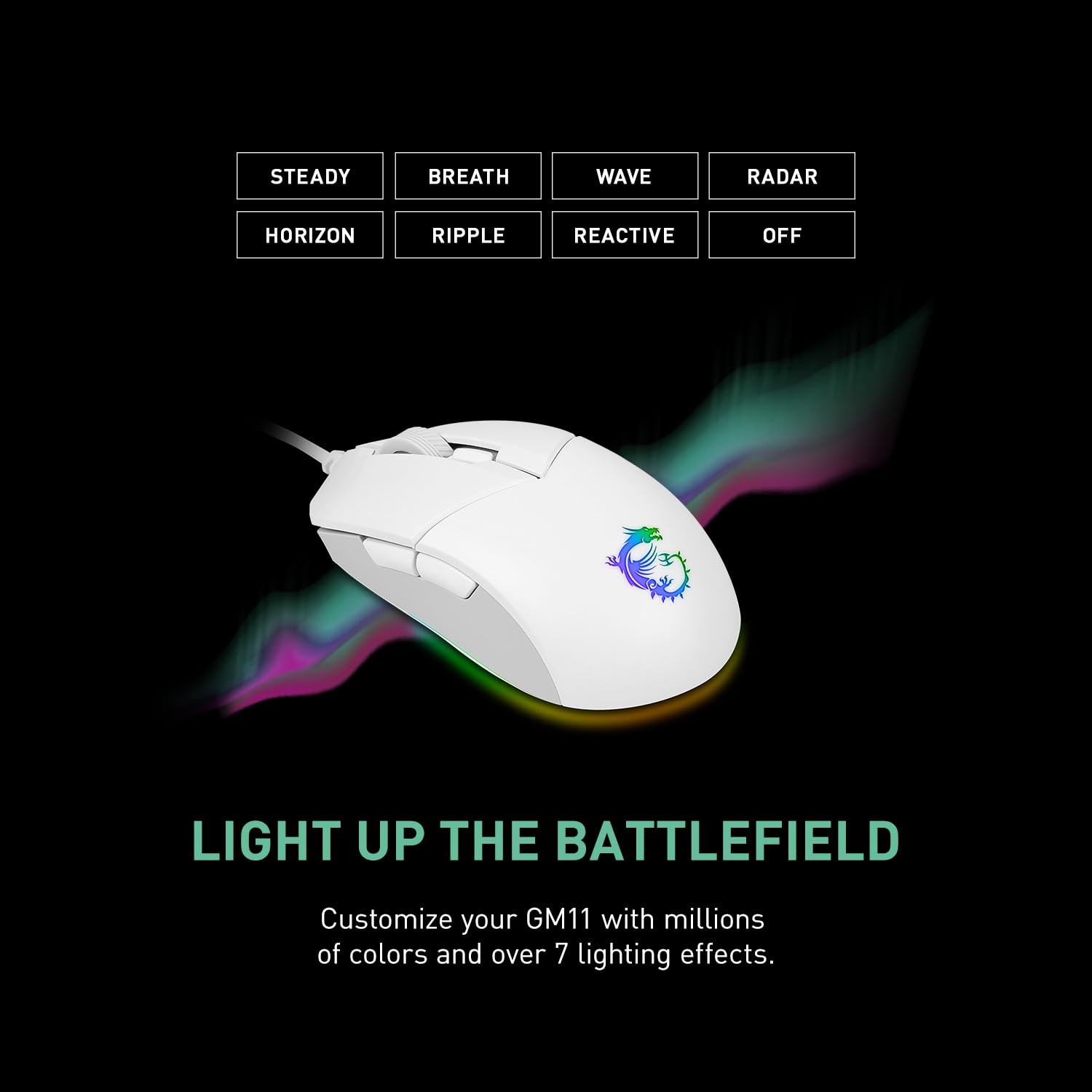 MSI Clutch GM11 White Gaming Mouse, 5000 DPI, 10M Omron Switches, Optical Sensor, Symmetrical Ergonomic Design, RGB Mystic Light Compatible,Black