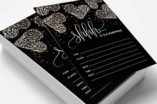Inkdotpot Pack of 30 Surprise Party Birthday Invitations with Envelopes, Black Retirement Party, Bridal Shower, Baby Shower Fill in Style Invites