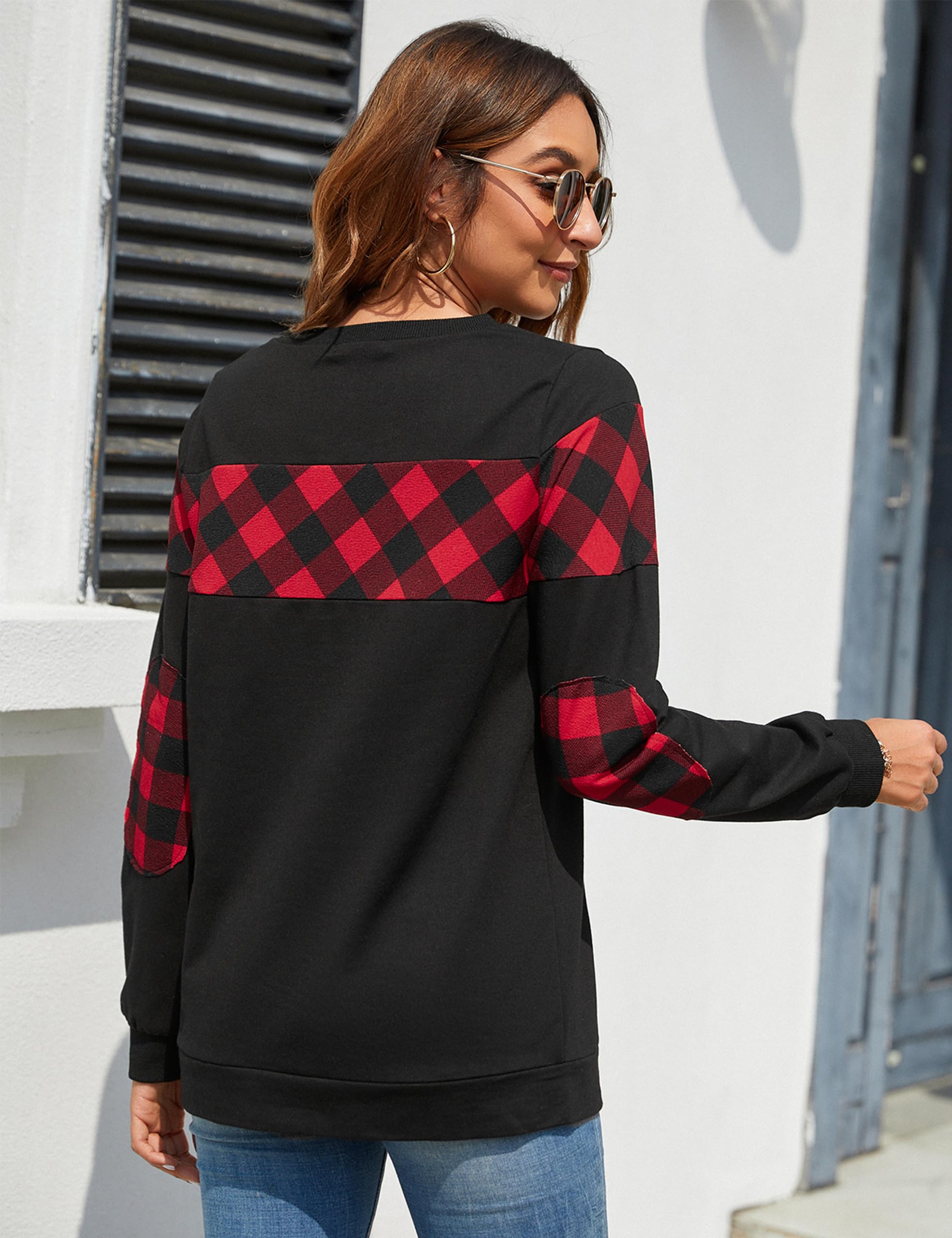 Blooming Jelly Women's Color Block Plaid Shirt Crew Neck Elbow Patches Pullover Sweatshirt Christmas Top(M) Black