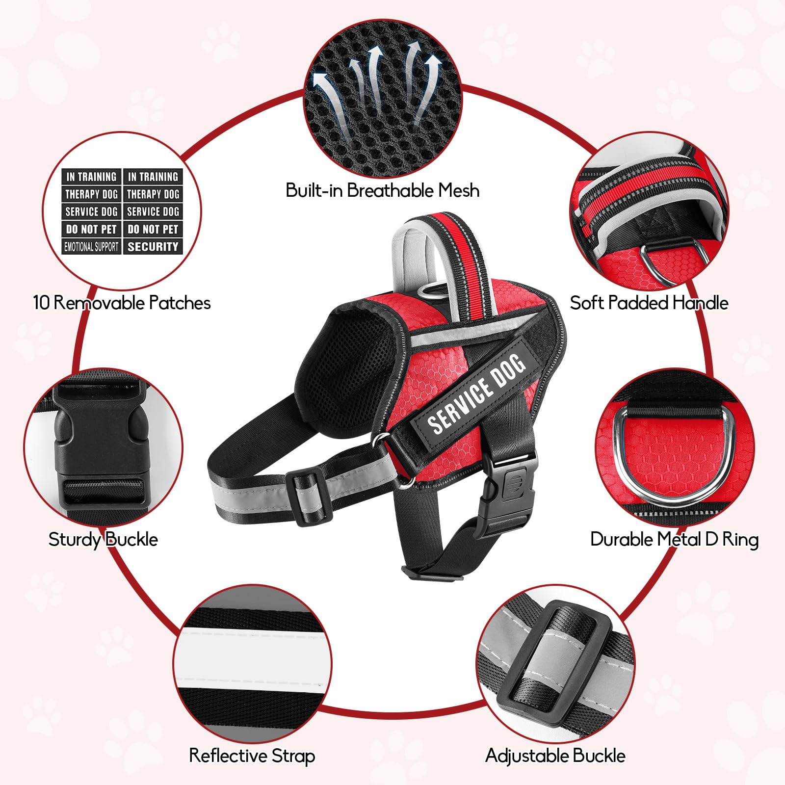 Service Dog Vest Harness and Leash Set, Animire in Training Dog Harness with 10 Dog Patches, Reflective Dog Leash with Soft Padded Handle for Small, Medium, Large, and Extra-Large Dogs (RED,XS)