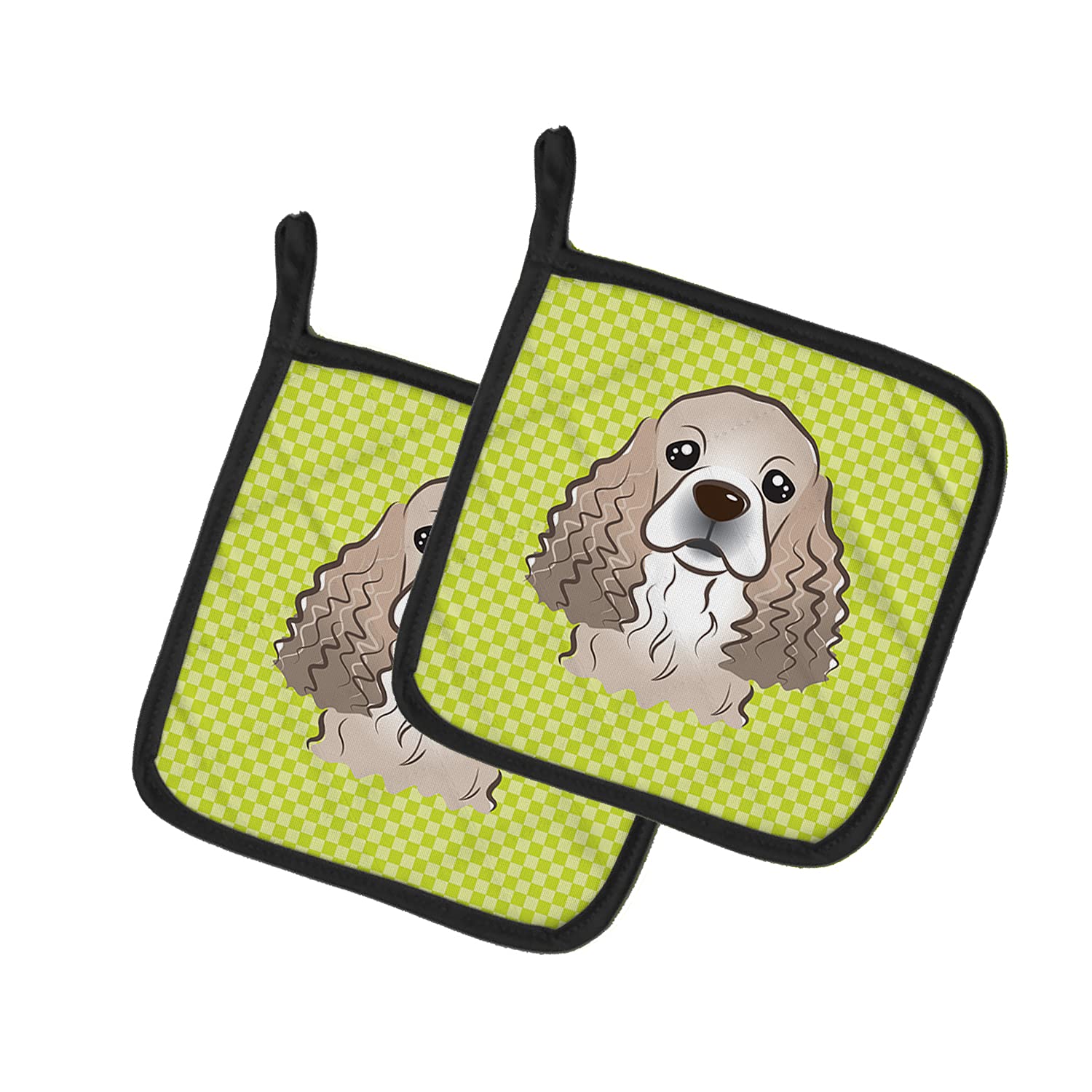 Caroline's Treasures BB1278PTHD Checkerboard Lime Green Cocker Spaniel Pair of Pot Holders Kitchen Heat Resistant Pot Holders Sets Oven Hot Pads for Cooking Baking BBQ, 7 1/2 x 7 1/2