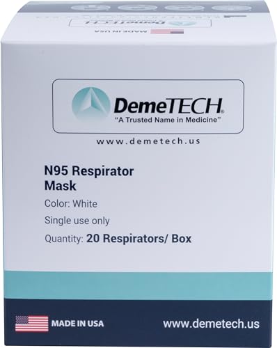 DemeTECH NIOSH N95 Respirator Face Mask, Fold-Style with Headbands, Made in USA, 20 Qty