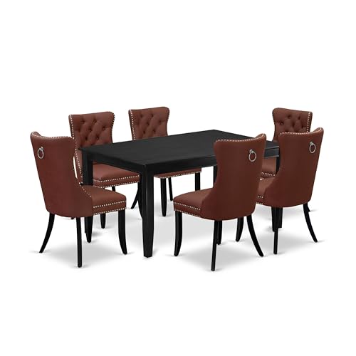 East West Furniture DUDA7-BLK-26 7 Piece Dining Room Table Set Includes a Rectangle Solid Wood Table and 6 Upholstered Parson Chairs, 36x60 Inch, Black