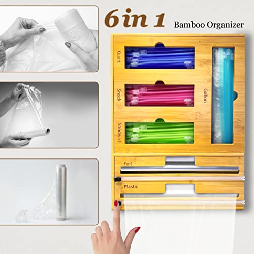 Home Deko BayMax Bamboo 3 in 1 Ziplock Bag Foil and Plastic Wrap Organizer with Cutter for Kitchen Drawer Countertop- Giant Aluminum Saran Dispenser, Large Gallon Snack Bags Storage, Tin Holder