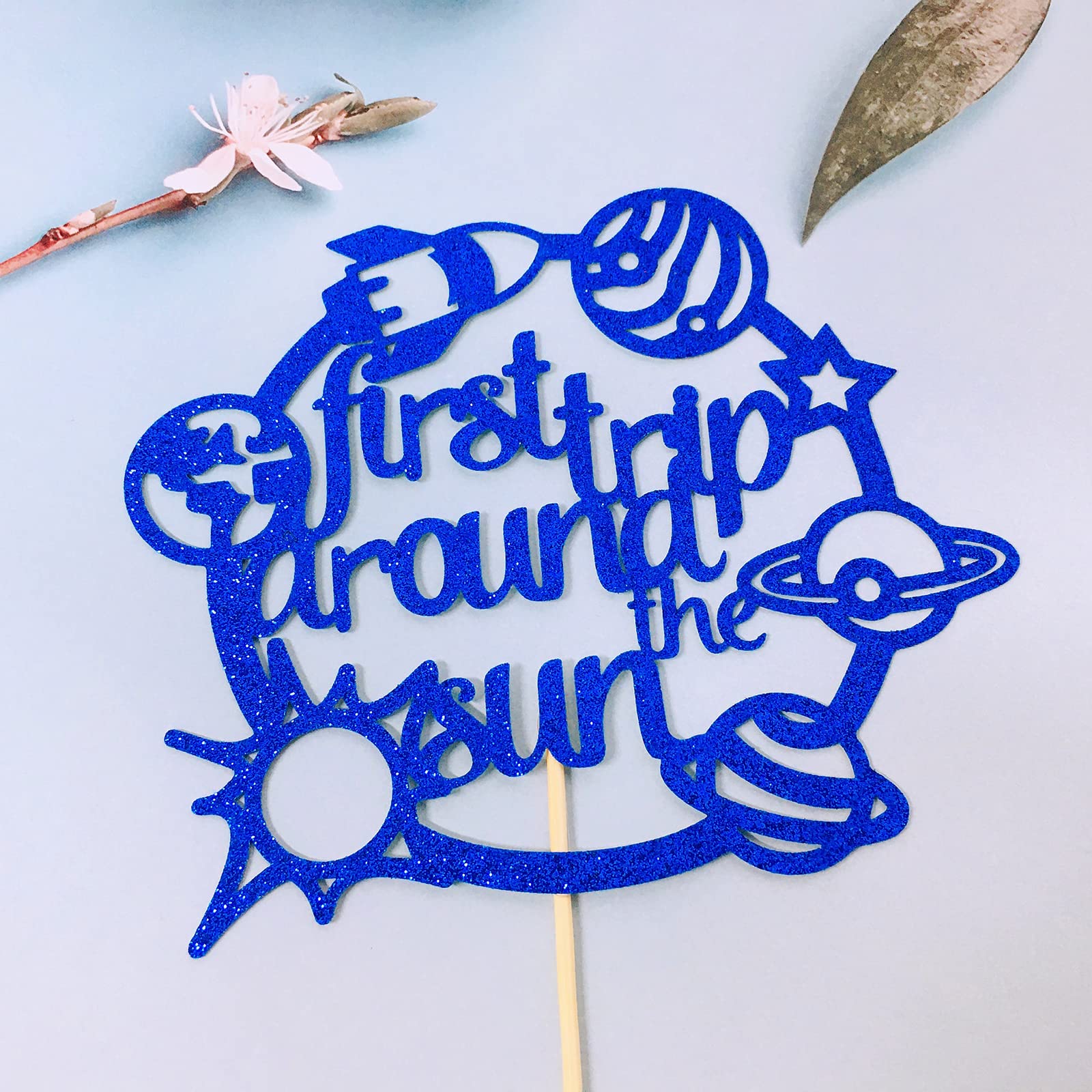 CHANGCAO First Trip Around The Sun Cake Topper Happy Birthday Toppers for Outer Space Theme Party Decorations Baby 1st Birthday, One Year Old Supplies Rocket Galaxy Planet Kids blue flash