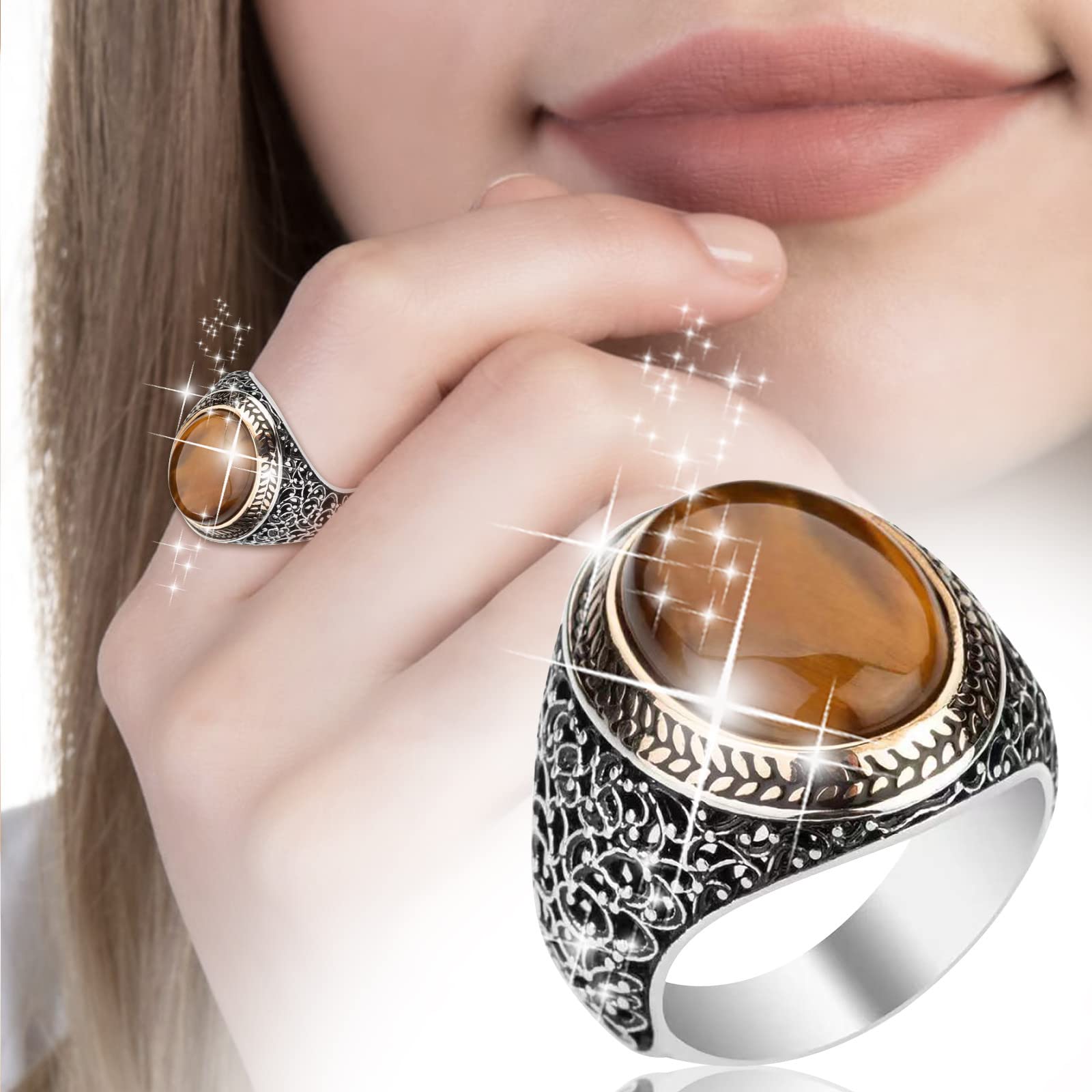 Chunky Rings Set Gemstone Art Engraved Unisex Ring Simple Fashion Jewelry Popular Accessories (Silver, 8)