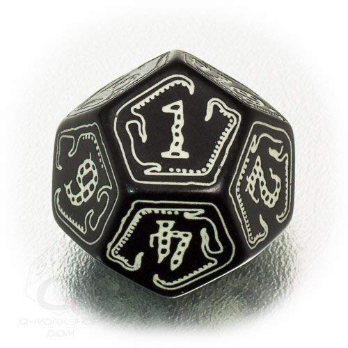 Q-Workshop Call of Cthulhu Black & Glow-in-The-Dark RPG Ornamented Dice Set 7 Polyhedral Pieces Black & Glow-in-the Dark, Standard (15mm - 17mm)