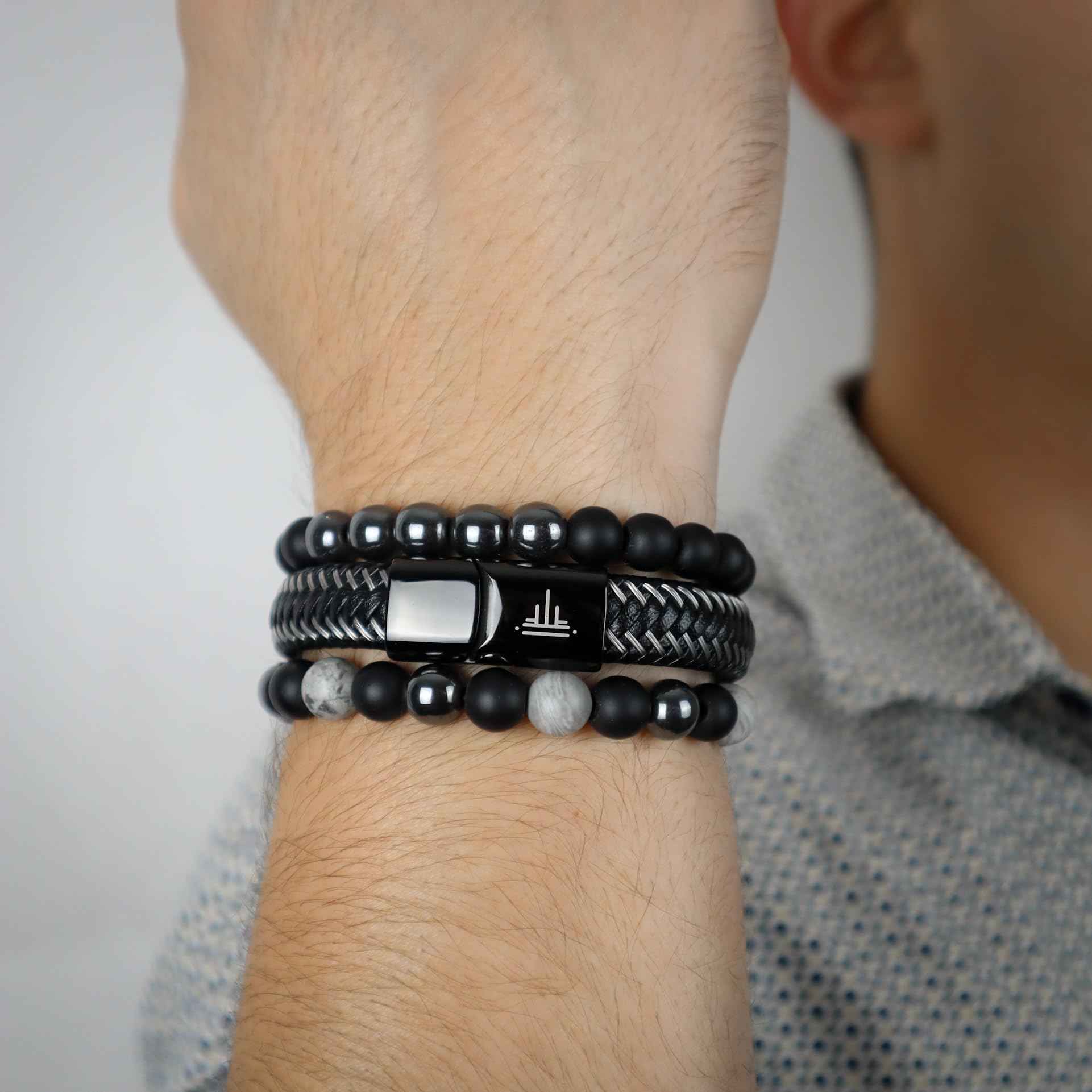 CG85 Genuine black leather bracelet with silver stainless steel thread and black steel clasp, plus 2 handwoven stone beads bracelets (3 pieces)