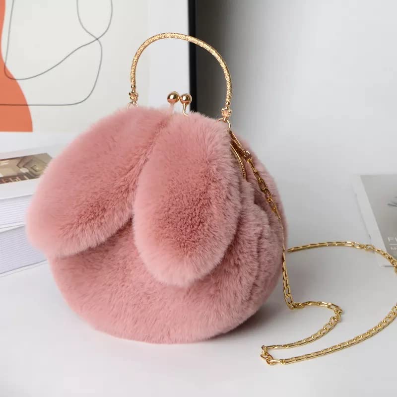Cute Rabbit Ear Plush Bags for Women, Bunny Ear Chain Crossbody Bags (Pink)