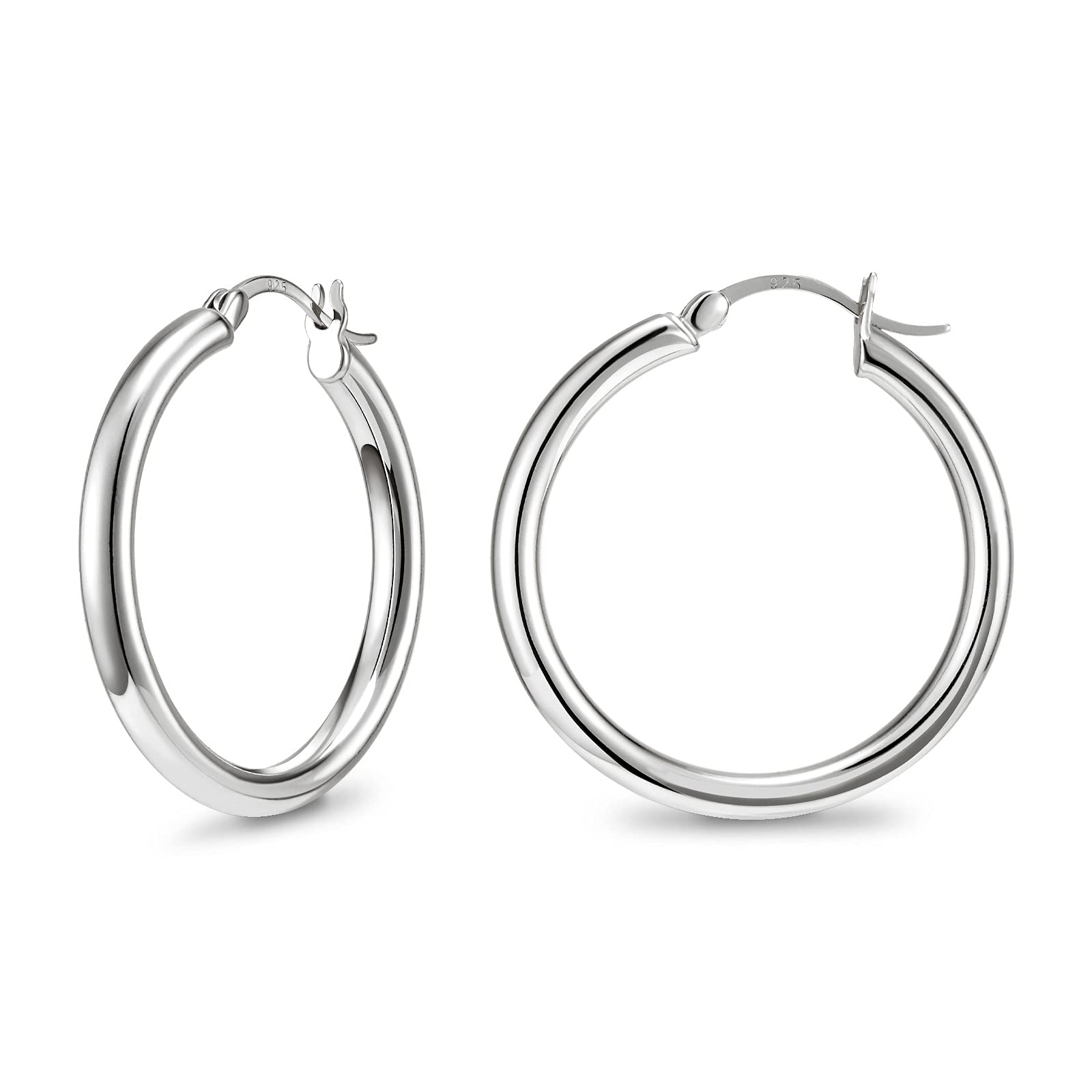 SWEETV Sterling Silver Earrings Chunky Hoop Earrings for Women 30MM Medium Huggie Earrings Silver Hoops