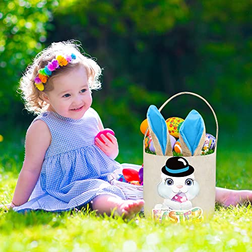 Easter Basket Bunny Canvas Bag - Easter Eggs Gift Baskets for Kids Eggs Hunt Bag Easter Bunny Tote Bag Easter Decorations (Blue)