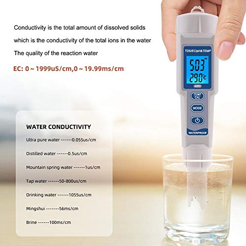Digital Tester 4 in 1 TDS PH Meter PH/TDS/EC/Temperature Meter Digital Water Quality Monitor Tester for Pools, Drinking Water, Aquariums
