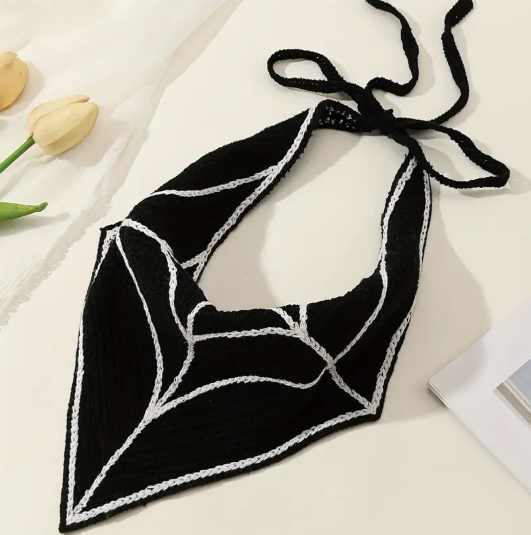 ClawsandPaws Gothic Spiderweb Crochet Bandana Scarf, Spiderweb Greyscale Halloween Style, Spider Web Witch Board Gothic Neck Bandanas, Triangle Headband, Unisex, Black