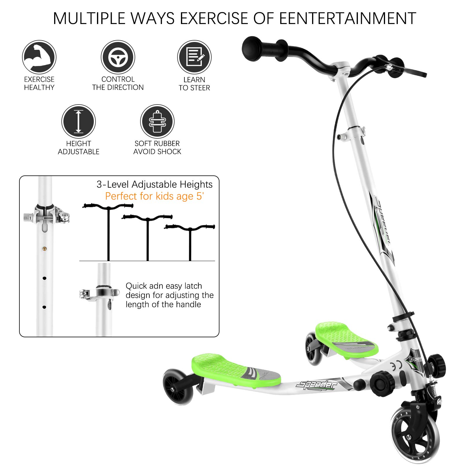 Swing Scooter, casulo Swing Wiggle Scooter, Foldable Wiggle Scooter 3-Level Adjustable | 3 Wheels Self Push Kids Scooter for Boys &Girls Age 5+ [US Stock] (Green)
