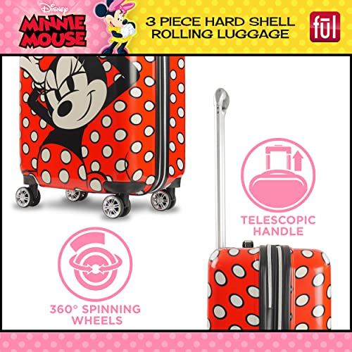 FUL Disney Minnie Mouse 3 Piece Set Rolling Luggage, Polka Dot Printed Hardshell Suitcase with Wheels, 21, 25 and 29 Inch, Red (FCFL0153-603)