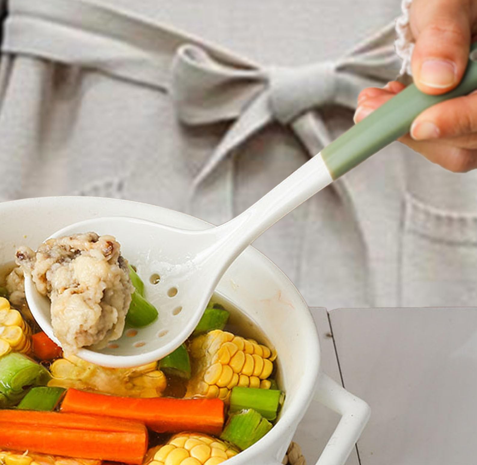 Ceramic Soup Ladle Spoon Set Of 2,Hot Pot Accessories Kit Soup Ladle Skimmer Spoon Slotted Cooking Utensil For Cooking Stirring (Green)