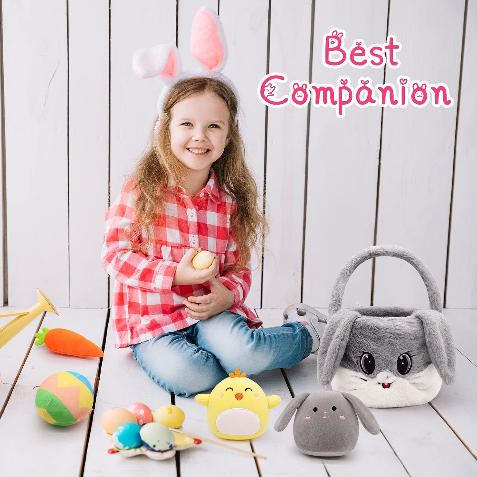 Easter Basket for Kids, Easter Baskets with Handle for Easter Eggs Hunting, Cute Easter Decoration Bunny Bags Filled with Plush Toys, Easter Theme Party Favor Easter Gifts for Boys Girls