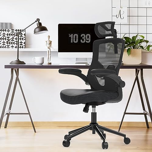 π―πΆπ΄π¬ πΆπππ°πͺπ¬ πͺπ―π¨π°πΉ, Ergonomic Mesh Desk Chair, High Back Computer Chair- Adjustable Headrest with Flip-Up Arms, Lumbar Support, Swivel Executive Task Chair (Modern, Black)