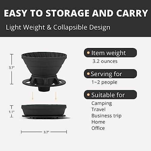 VANDROOP Collapsible Coffee Dripper, Silicone Reusable Pour Over Coffee Maker, Pour Over Coffee Dripper for Camping, Business Trip, Home&Office, Single Clever Coffee Dripper (Black, 1-2 Cup)