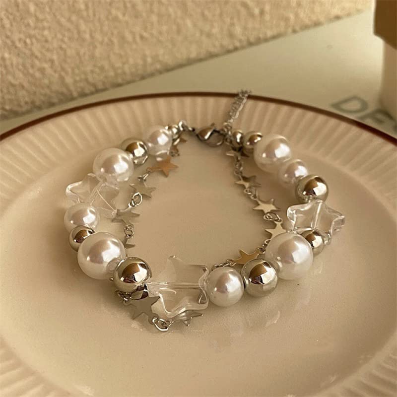 Fuqimanman2020 Y2k Star Silver Beaded Chain Charm Bracelet Aesthetic Grunge Gift for Women-A