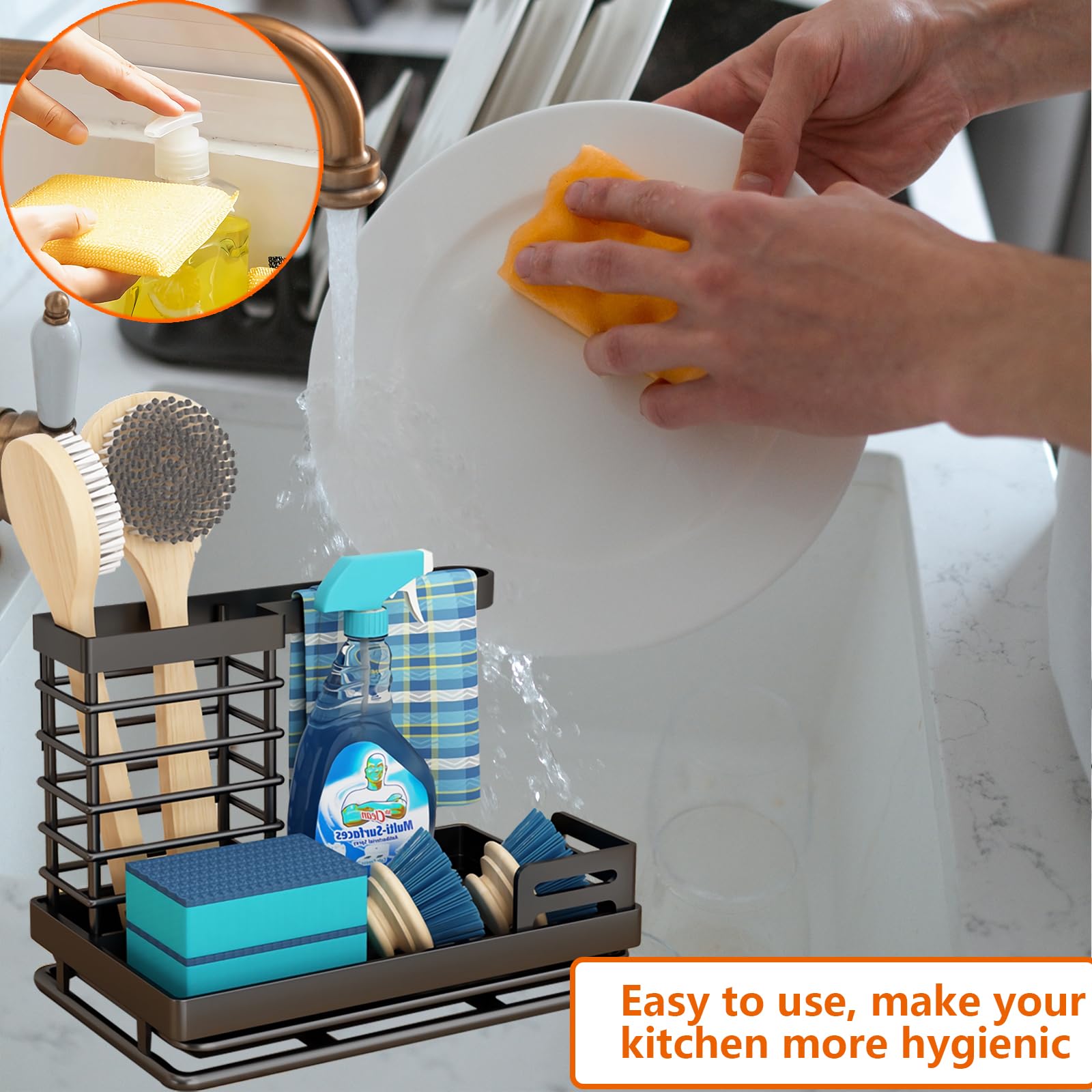 CIT ZCFYU Kitchen Sink Caddy Sponge Holder, Sink Caddy Kitchen Sink Organizer Stainless Steel, Dish Sponge Holder with Dishcloth Rack, Removable Drain Tray for Sponge, Gifts for Women & Men, Black