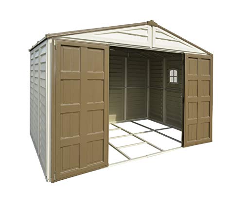 Duramax 0638801402145 Woodbridge Plus 10.5 x 8 Plastic Garden Shed with Foundation Kit & Fixed Window Brown-15 Years Warranty, 10x8, Brown & Ivory