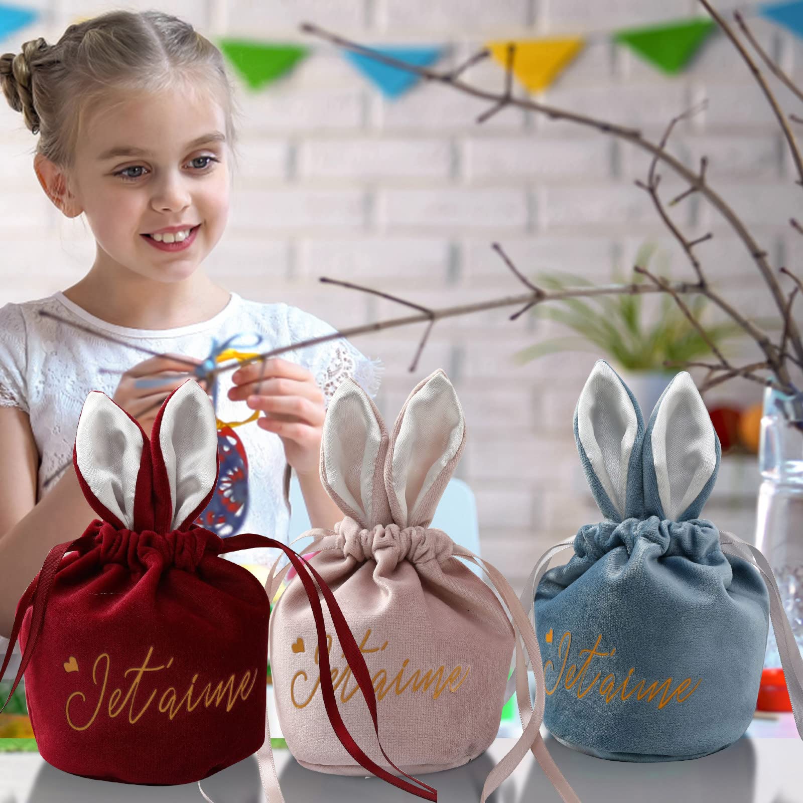 Easter Bunny Bags Easter Egg Basket for Kids, Rabbit Ears Bags Cloth Personalized Candy Egg Bags Rabbit Buckets Gifts Eggs Hunt Basket Bags for Easter Decoration (mixed-3Pcs)