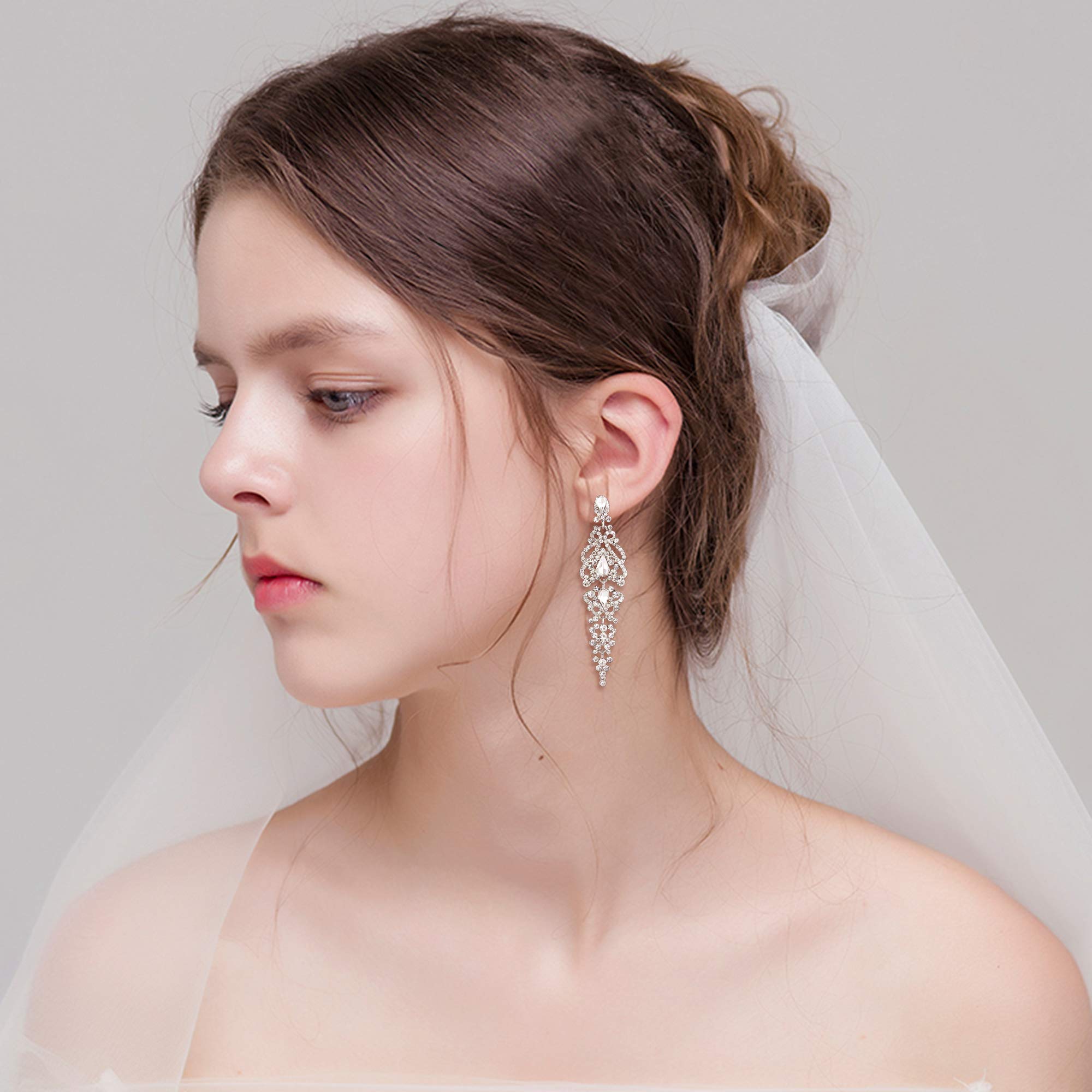 BriLove Wedding Bridal Dangle Earrings for Women Crystal Cluster Teardrop Earrings Clear Silver-Tone